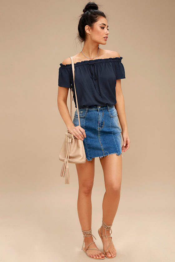 Cute Navy Blue Top - Off-the-Shoulder Top - Short Sleeve Top - Lulus