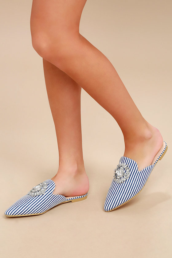 Chic Navy Striped Loafer Slides - Rhinestone Loafer Slides