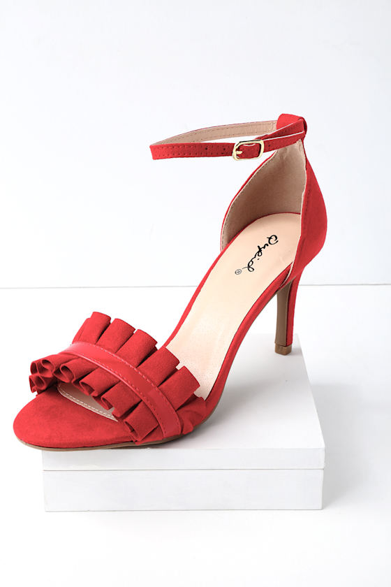 Chic Red Heels - Vegan Suede Heels - Ankle Strap Heels
