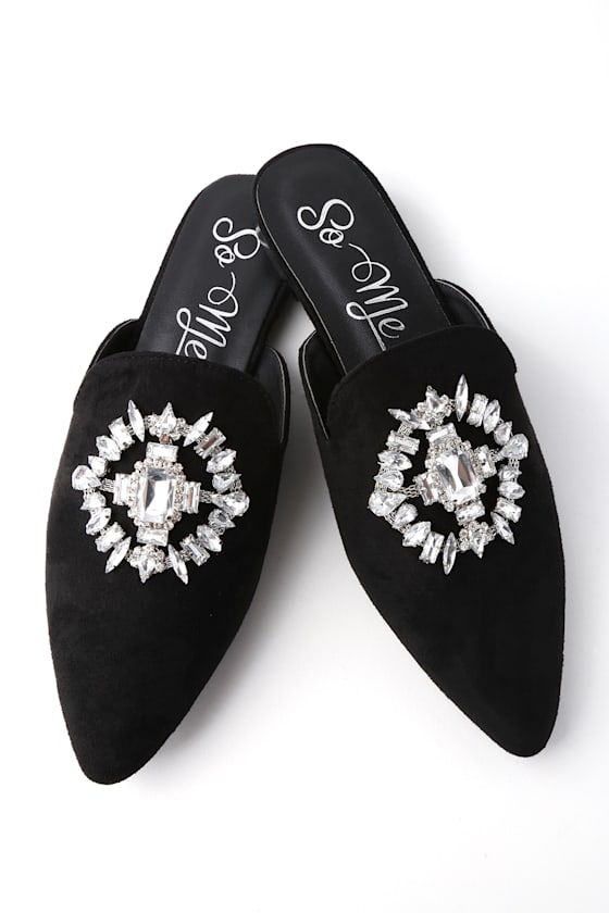 Chic Black Suede Loafer Slides - Rhinestone Loafer Slides - Lulus