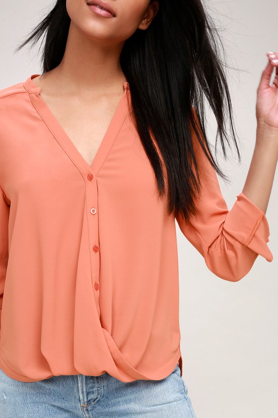 Chic Button Up Top Long Sleeve Top Coral Pink Blouse Lulus