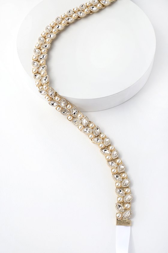 Stunning Bridal Belt -Pearl Sash Belt - Gold Rhinestone Belt - Lulus