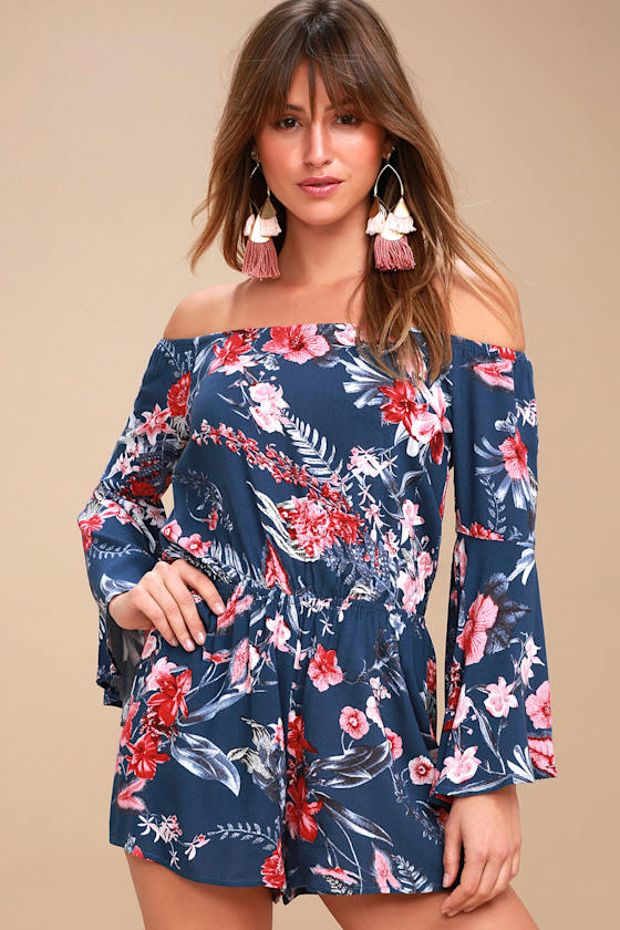 Lovely Navy Blue Romper - Off-the-Shoulder Romper - Lulus