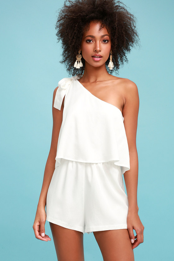 Chic White Romper One Shoulder Romper Tie Shoulder Romper