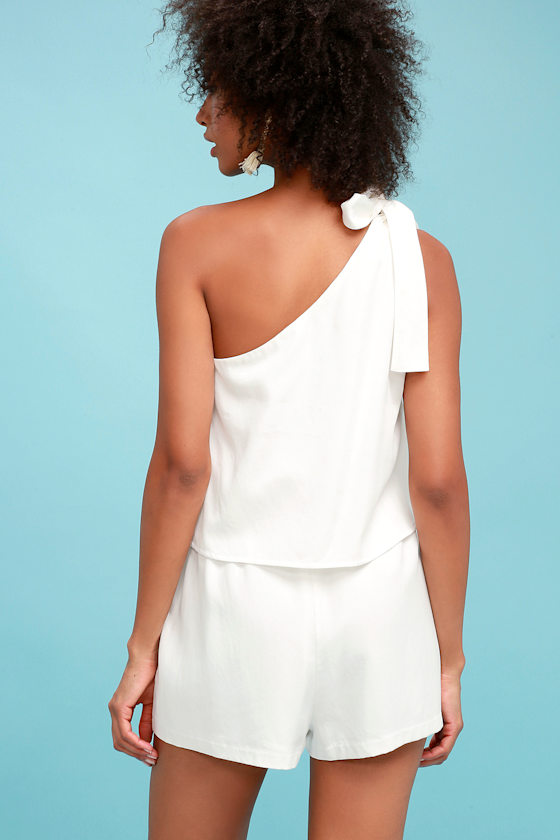 Chic White Romper - One Shoulder Romper - Tie Shoulder Romper ...