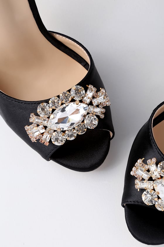 Glam Rhinestone Heels - Black Satin Heels - Peep-toe Heels - Lulus