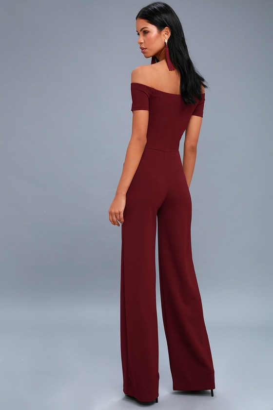Sexy Burgundy Off The Shoulder Jumpsuit Wide Leg Jumpsuit Lulus
