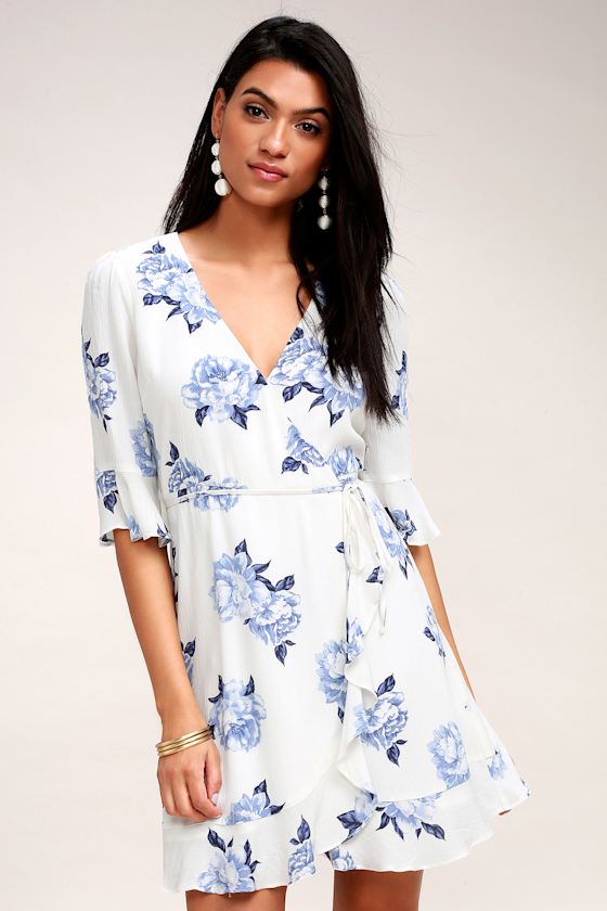 Lovely White Floral Print Dress - Floral Print Wrap Dress - Lulus