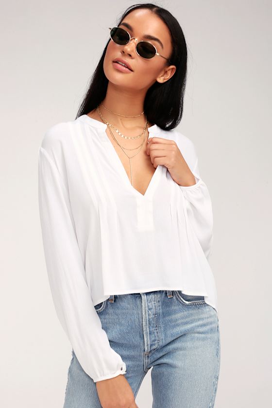 Lovely White Top - Long Sleeve Top - V-Neck Top - Lulus