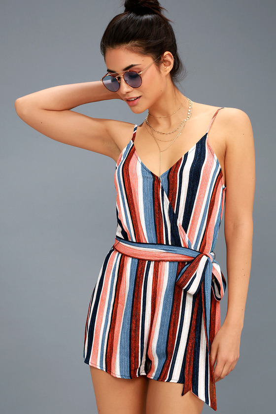 Cute Blue and Orange Striped Romper - Sleeveless Romper - Lulus Cute Blue and Orange Striped Romper - Sleeveless Romper - Lulus