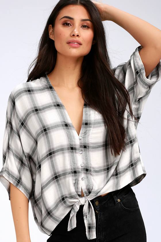 Cute Grey Plaid Top - Tie-Front Top - Button Down Top - Lulus