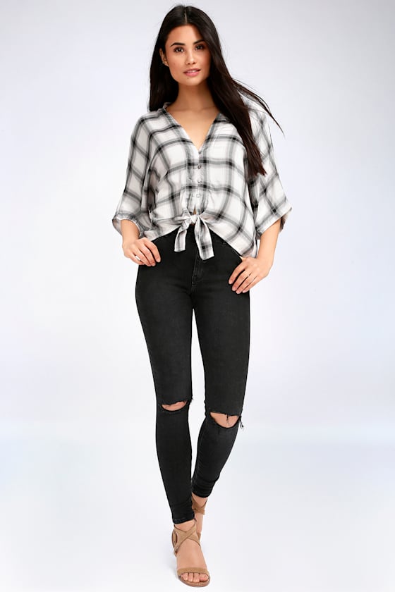 Cute Grey Plaid Top - Tie-Front Top - Button Down Top - Lulus