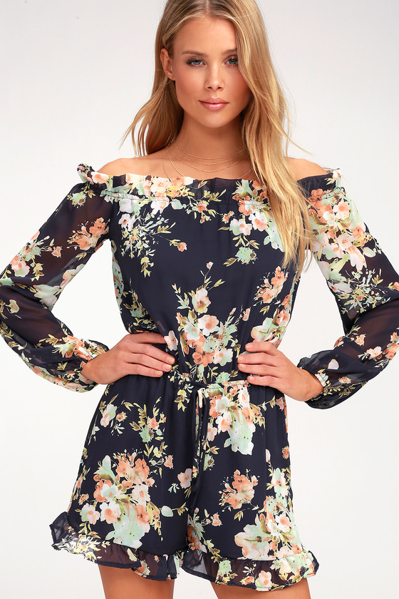 Cute Blue Floral Print Romper Ots Romper Ruffled Romper Lulus