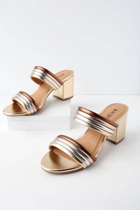 Trendy Gold Multi Mules - Metallic Sandals - Two-Strap Heels - Lulus