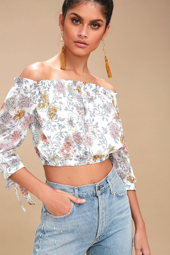 Cute Ivory Top - Floral Print Off-the-Shoulder Crop Top - Lulus