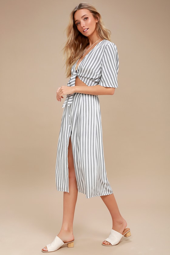 Chic Grey Striped Dress Tie Front Dress Two Piece Dress Lulus