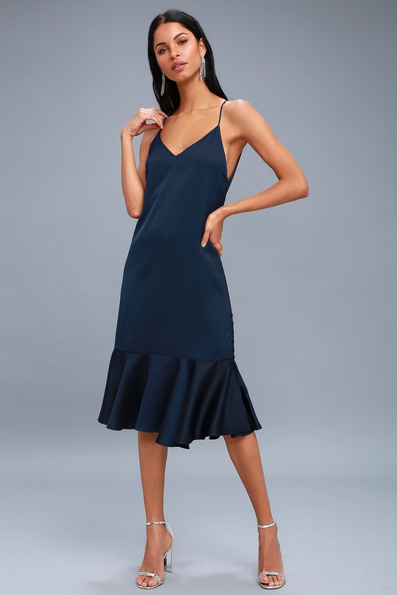 Sexy Navy Blue Dress Satin Dress Blue Midi Dress Lulus