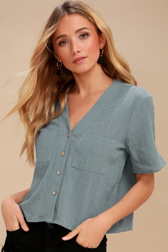 Cute Slate Blue Top - Button-Up Top - Button-Up Crop Top - Lulus