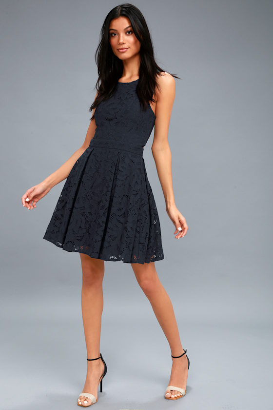 Cute Navy Blue Dress Eyelet Lace Dress Blue Skater Dress Lulus