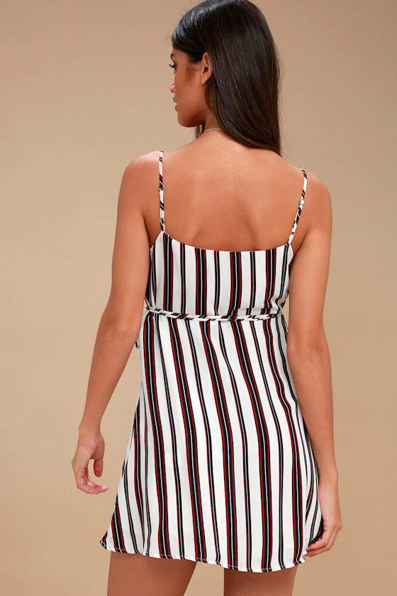 Chic White Dress - Red Striped Dress - Striped Wrap Dress