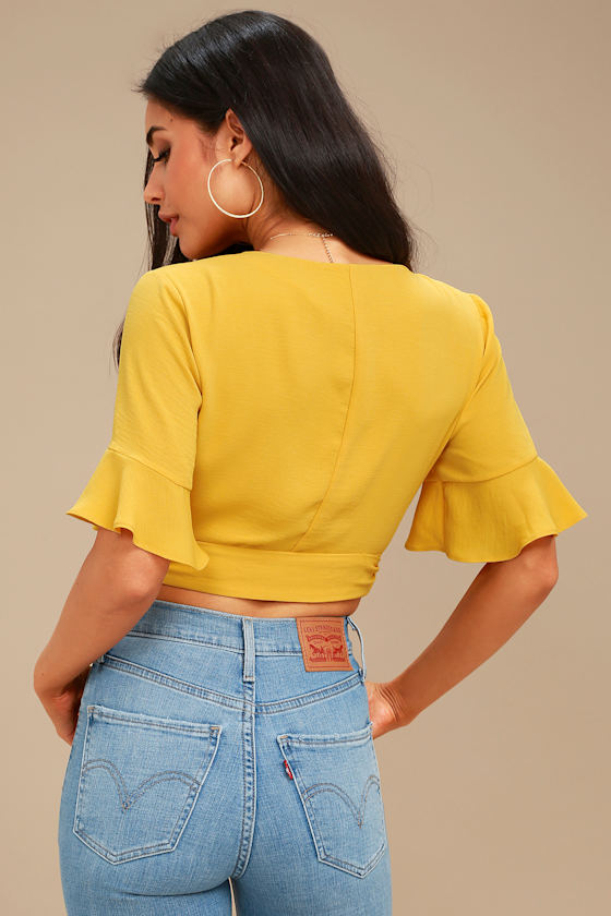 Cute Yellow Crop Top - Wrap Top - Flounce Sleeve Top