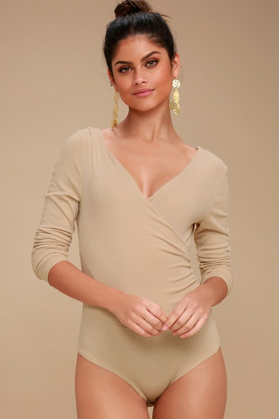 Ppla Landon Beige Ribbed Bodysuit Long Sleeve Bodysuit Lulus