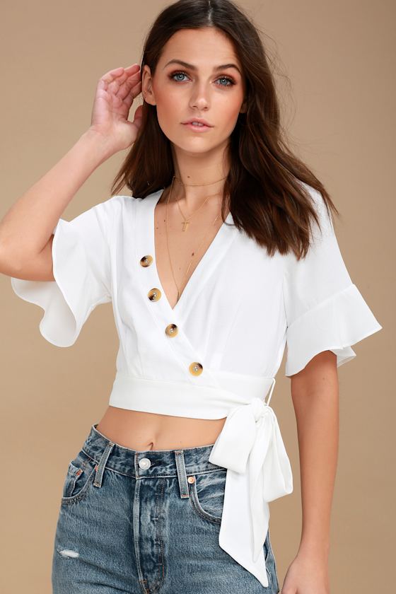 Cute White Crop Top - Wrap Top - Flounce Sleeve Top - Lulus