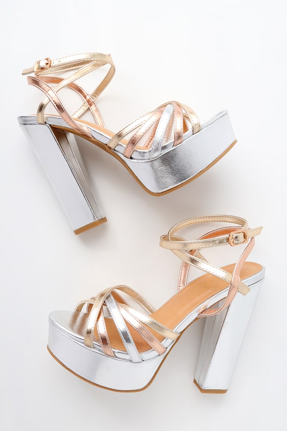 Sexy Silver Multi Heels - Platform Heels - Metallic Heels - Lulus