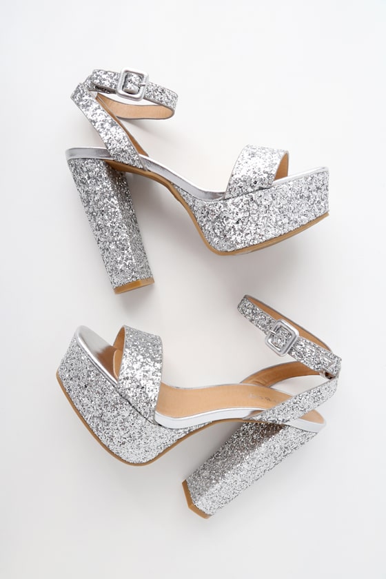 Silver Glitter Platform Heels - Platform Ankle Strap Heels - Lulus