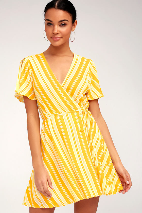 Cute Yellow Wrap Dress - Short Wrap Dress - Striped Dress - Lulus