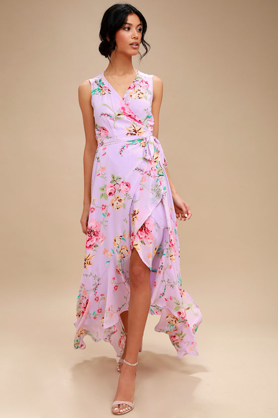 Cute Lavender Dress Floral Print Dress Wrap Maxi Dress Lulus