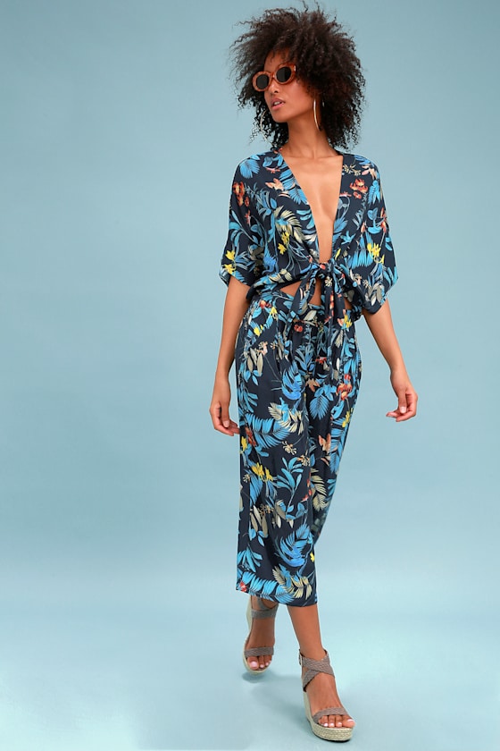 On The Road Feather - Tie-Front Top - Navy Blue Crop Top - Lulus