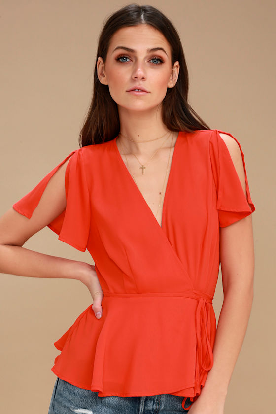 Cute Coral Red Top - Wrap Top - Short Sleeve Top - Lulus