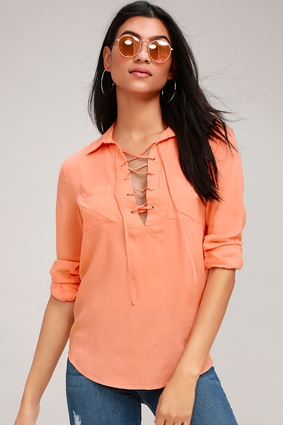 Chic Peach Top - Peach Lace-Up Top - Lace-Up Long Sleeve Top - Lulus