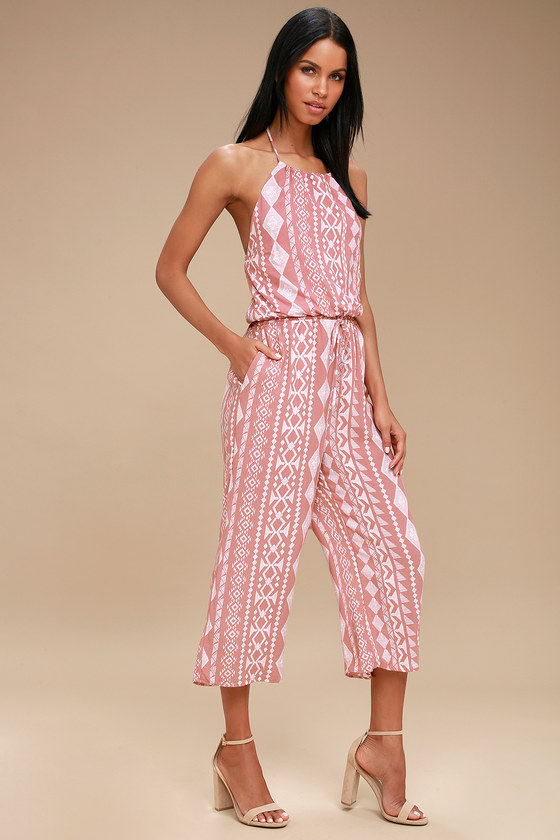 Boho Print Jumpsuit Dusty Pink Jumpsuit Halter Jumpsuit Lulus