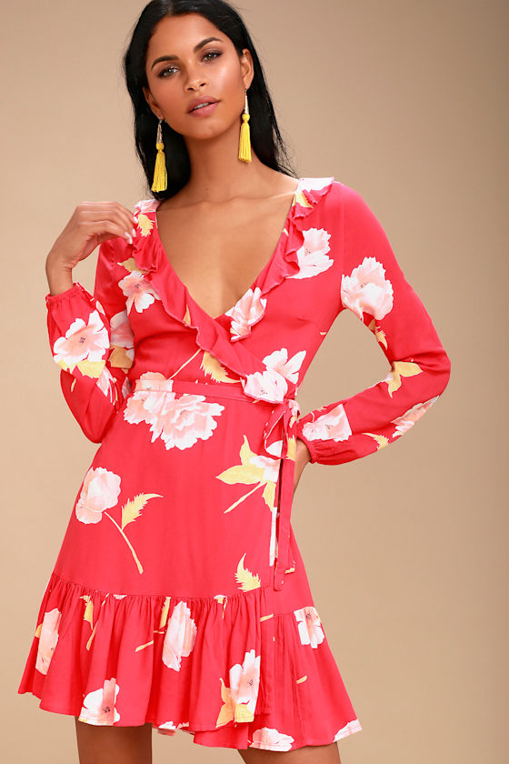 Billabong Ruff Girls Club - Coral Red Wrap Dress - Lulus