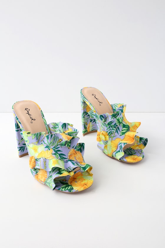Lilac and Yellow Tropical Print Mules - High Heel Mules - Lulus
