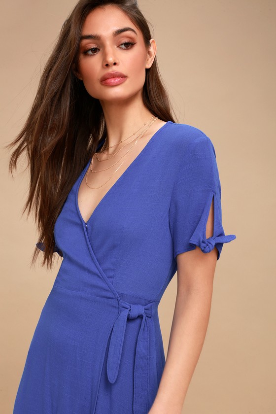 Cute Royal Blue Dress Wrap Dress Short Sleeve Dress Lulus