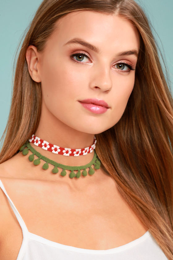 Cute Choker Necklace Set - Layered Choker Set - Red and Green Choker ...