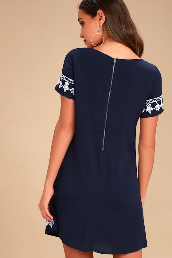 White and Navy Blue Dress - Embroidered Dress - Shift Dress