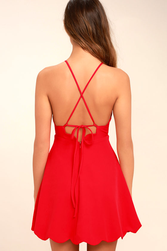 Backless Red Dress - Halter Dress - Scallop Dress - $52.00