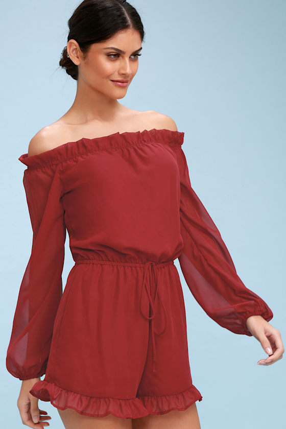 Cute Wine Red Romper - OTS Romper - Ruffled Romper - Lulus
