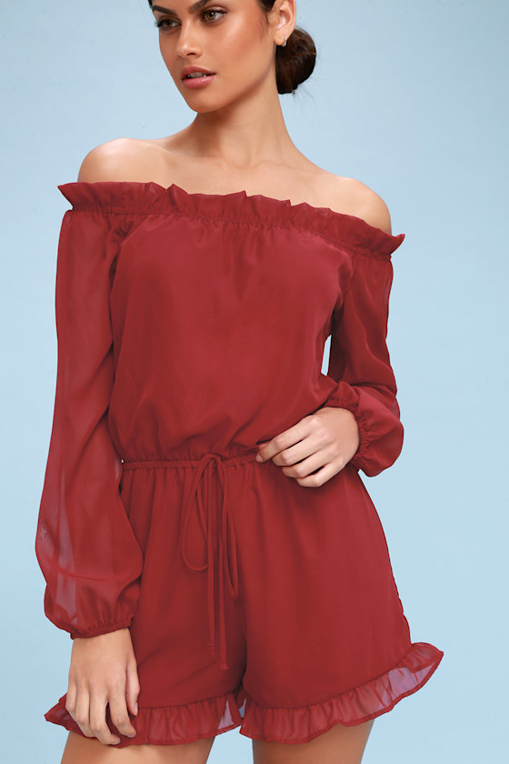 Cute Wine Red Romper - OTS Romper - Ruffled Romper - Lulus