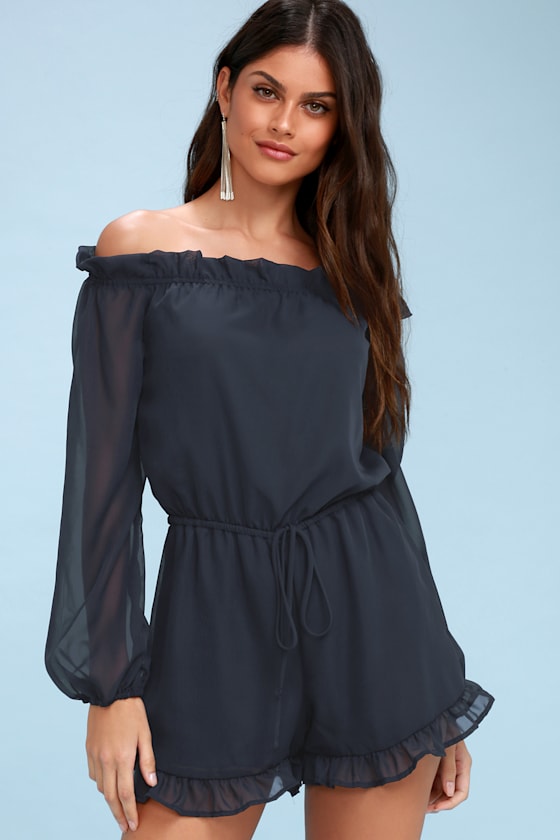 Cute Navy Blue Romper - OTS Romper - Ruffled Romper - Lulus