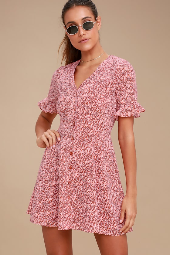 Cute Rust Red Print Dress - Red Button-Up Dress - Mini Dress - Lulus