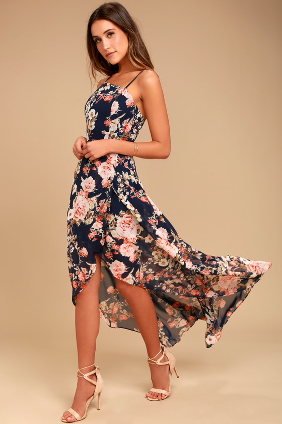 Lovely Navy Blue Dress Floral Print Dress High Low Dress Lulus