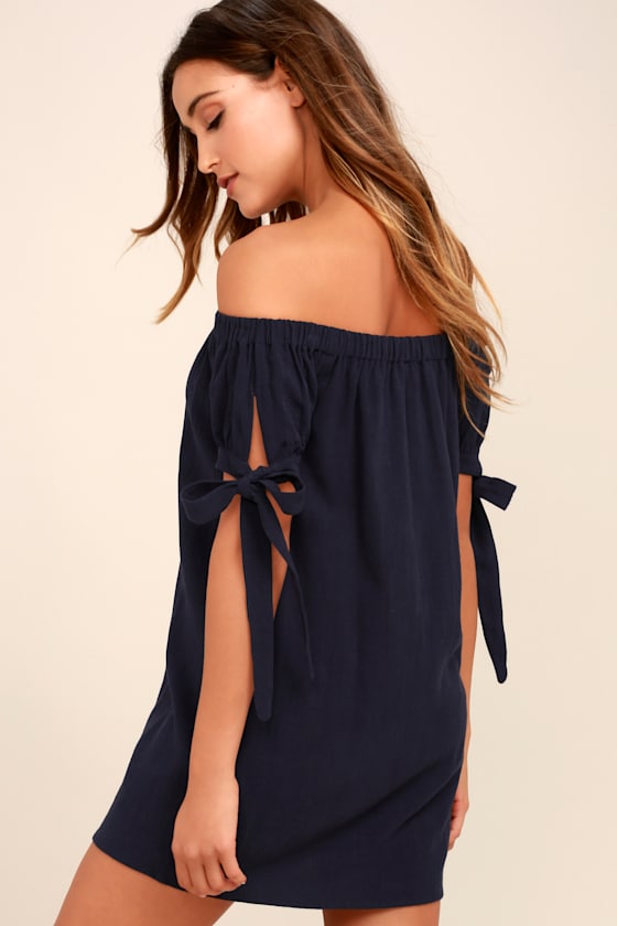 Navy Blue Dress - Off-the-Shoulder Dress - White Shift Dress - Lulus