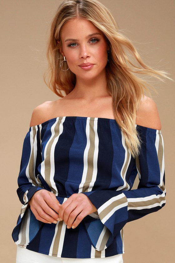Cute Navy Blue Striped Top - Off-the-Shoulder Top - Lulus
