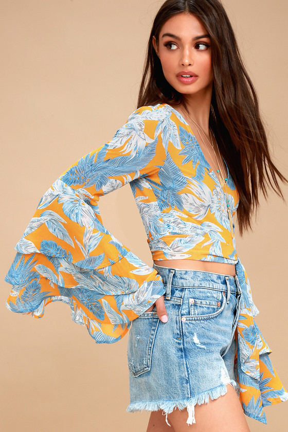 Cute Yellow Top Tie Front Top Ruffled Sleeve Crop Top Lulus