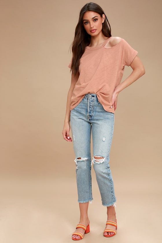 Cool Blush Distressed Tee - Cutout Neck Tee - Cutout Tee - Lulus